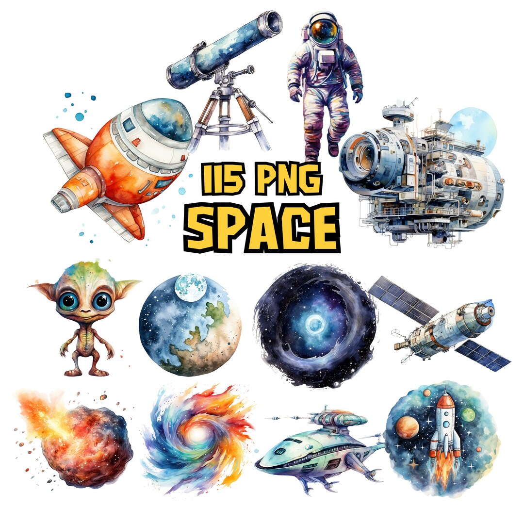 Watercolor Space Clipart | Planet, Spiral Galaxy, Moon, Observatory ...
