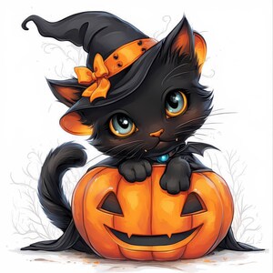 15 Cute Halloween Black Cats Printable Watercolor Clipart , Halloween ...