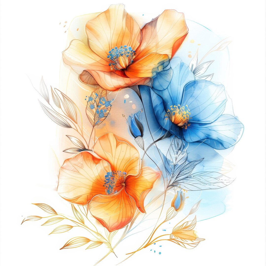 13 Abstract Blue Gold Flowers Clipart Bundle, Flowers Print, Printable ...