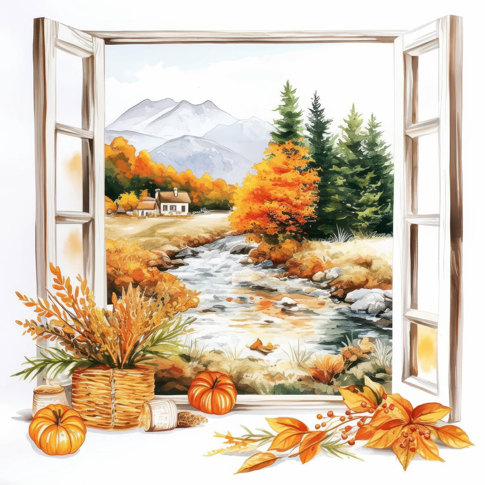 11 Charming Fall Windows Clipart Bundle, Printable Watercolor Autumn ...