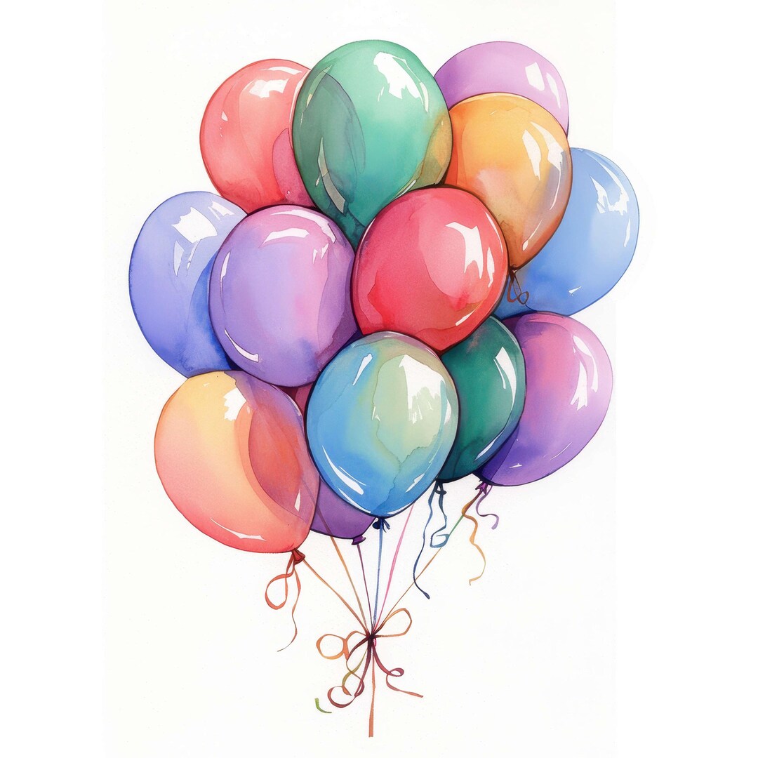 21 Party Balloons Clipart Set, Printable Watercolor Coloured Balloons ...