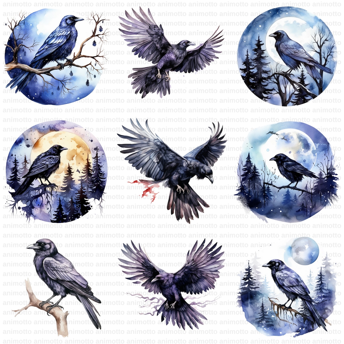 Watercolor Ravens Clipart Bundle, Black Bird, Gothic Animal, Dark and ...