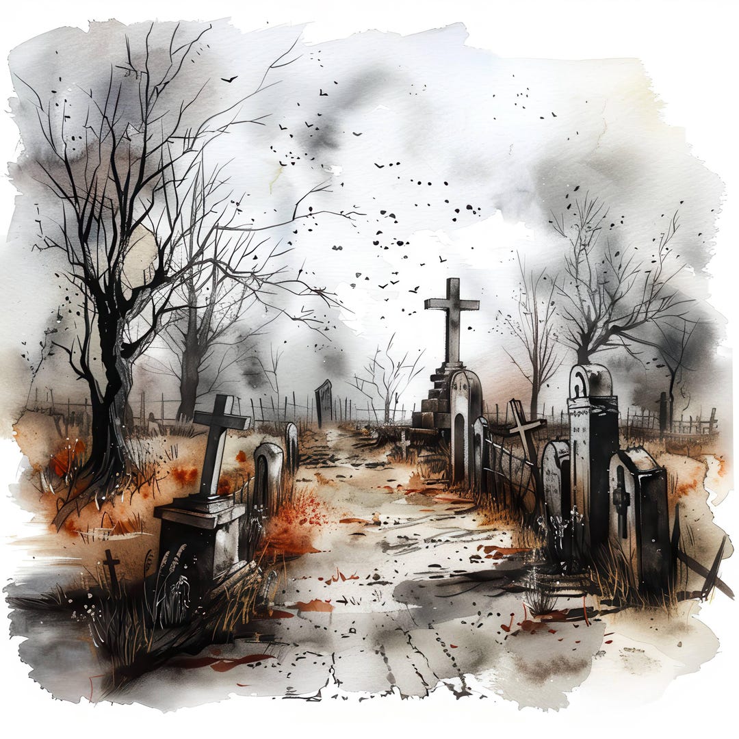 12 Haunted Cemetery Clipart Bundle Set, Printable Watercolor Clipart ...