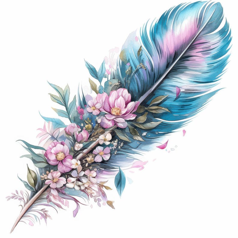 12 Floral Feathers Clipart Bundle, Spring Feather Illustrations ...