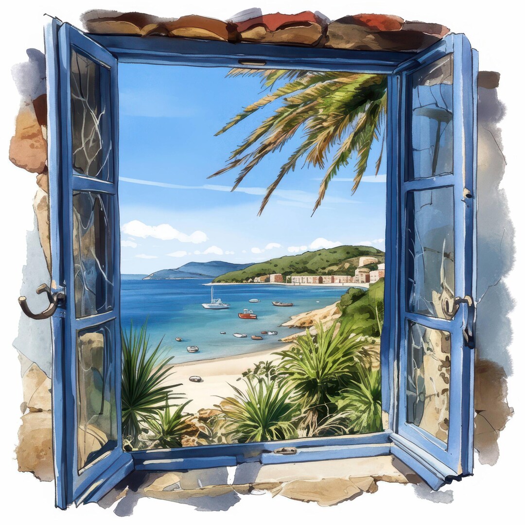 25 Window to Beach View Clipart Illustration Bundle, Printable ...