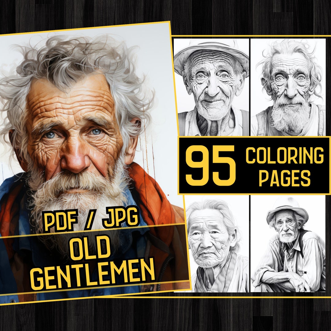 Old Gentlemen 95 Coloring Page Book, Adults Kids - Grayscale Coloring ...