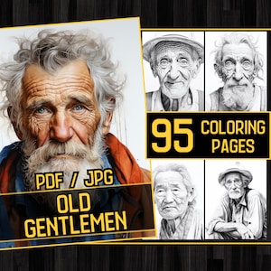 Old Gentlemen 95 Coloring Page Book, Adults Kids - Grayscale Coloring ...