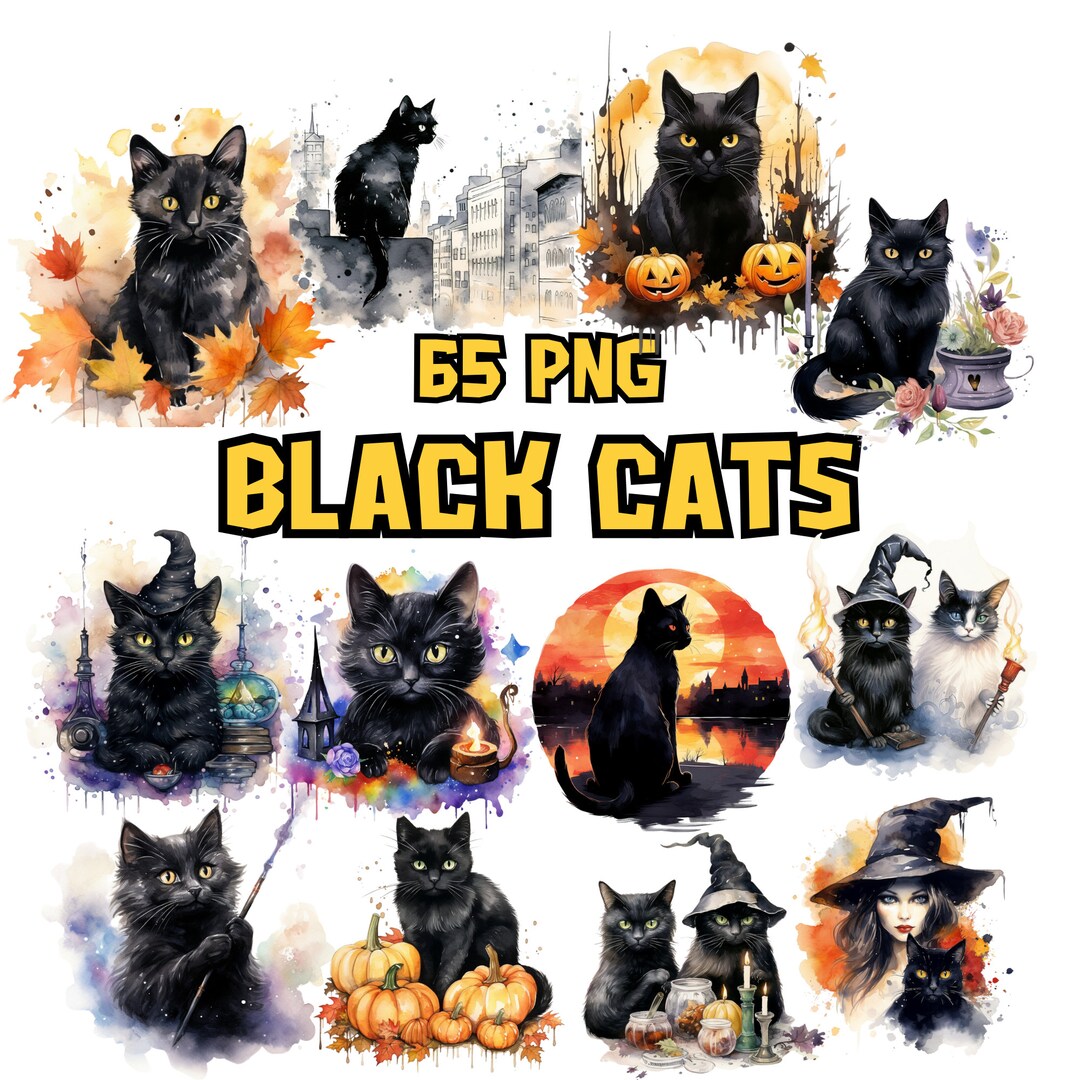 Watercolor Black Cats Clipart | Halloween Cats, Autumn Cat, Black Cat ...
