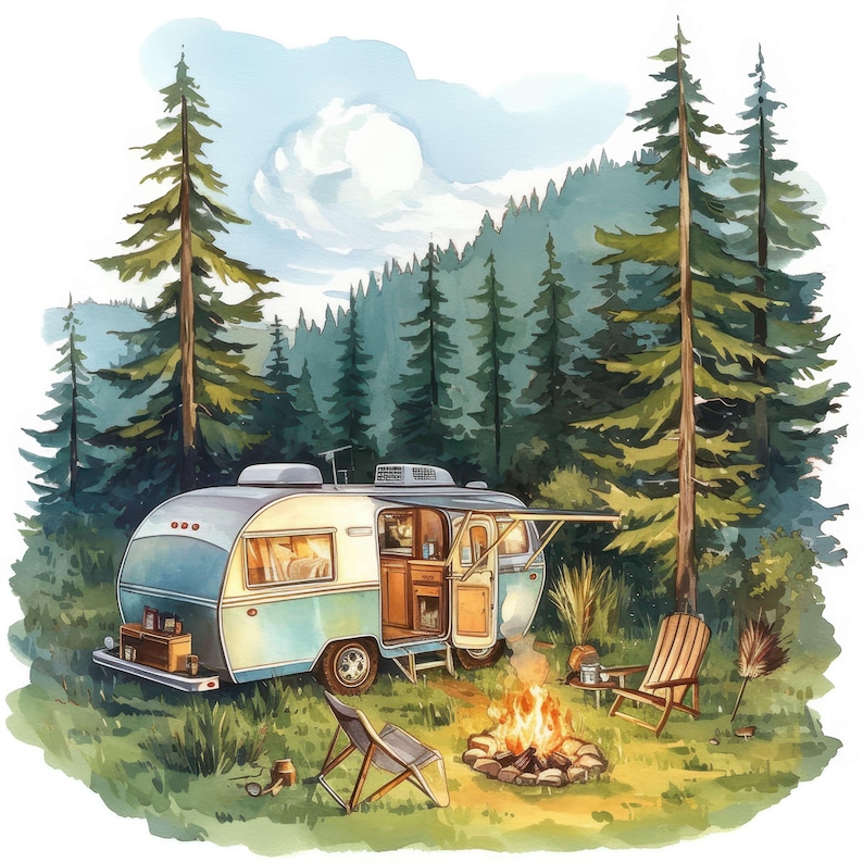 14 Camping Van Clipart Set, Printable Watercolor Camping Clipart, High ...