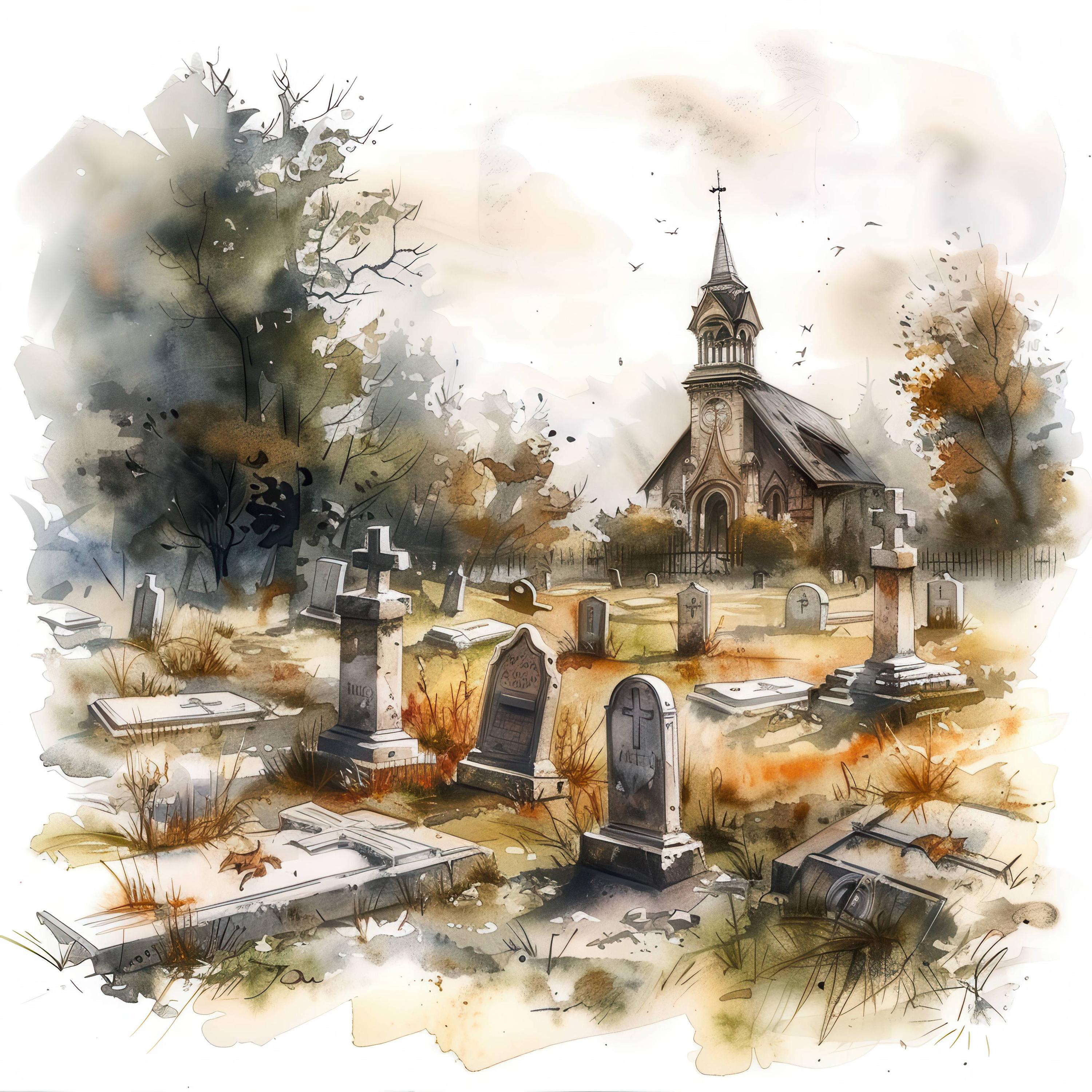 12 Abandoned Cemetery Clipart Bundle, Watercolor Cemetery Images, High ...
