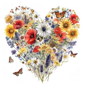 13 Floral Heart Clipart Bundle, Wildflower Heart Illustrations, Digital ...
