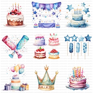 Watercolor Birthday Clipart Bundle, Birthday Party Clip Art Set ...
