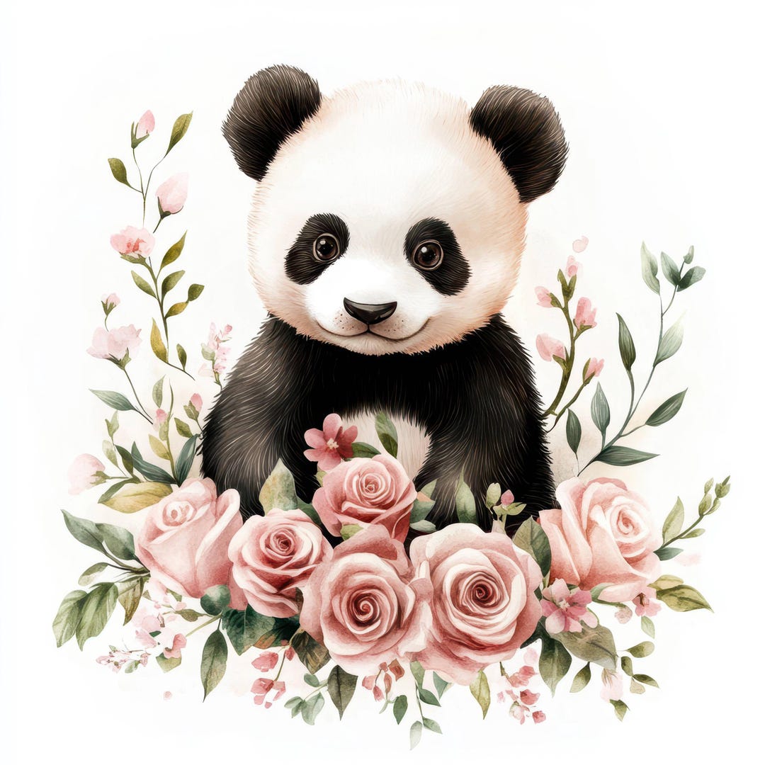 16 Panda With Roses Clipart Bundle, Printable Watercolor Illustrations ...