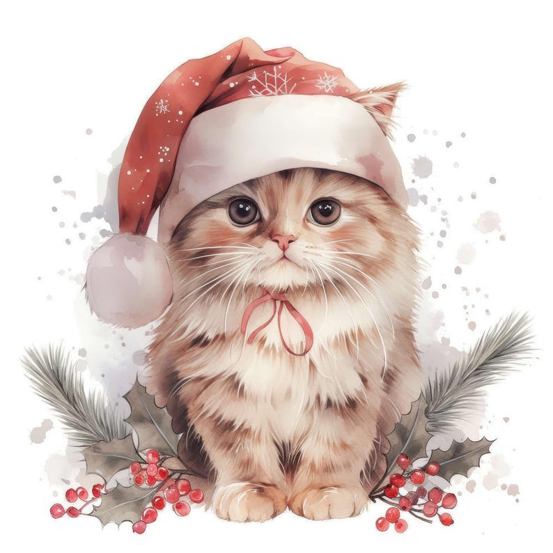 21 Kitten Christmas Hat Clipart, Festive Cat Illustrations, Printable ...