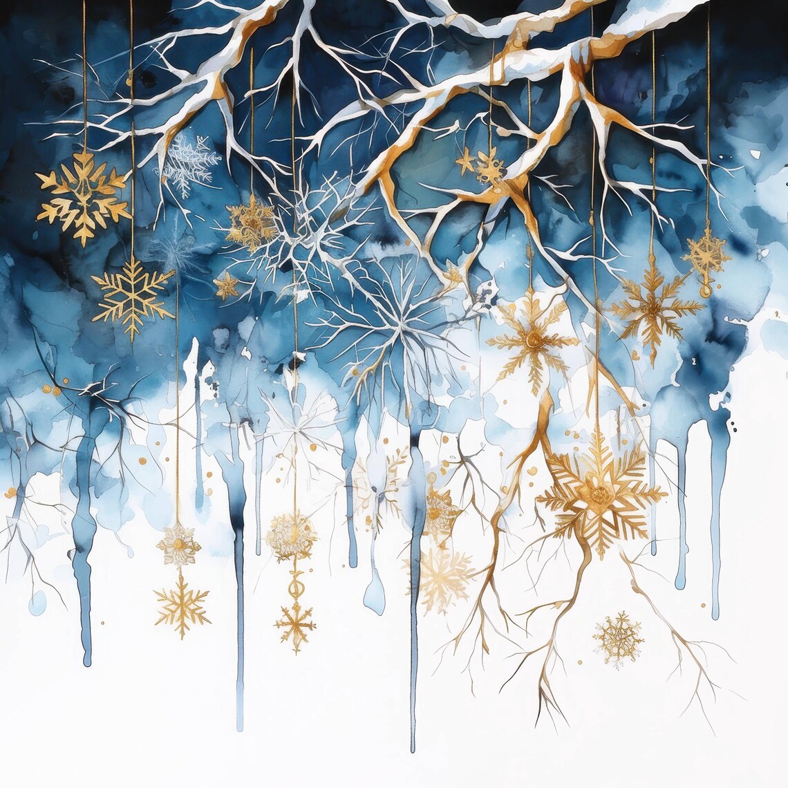 10 Snow Drip Branch Clipart Bundle, Winter Tree Border Illustrations ...