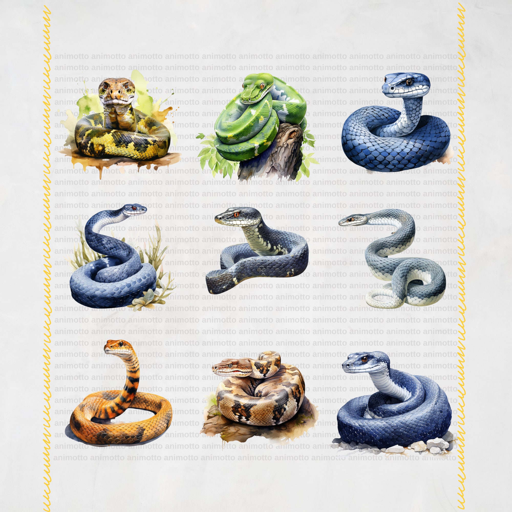 Watercolor Snakes Clipart Bundle, Cobra, Black Mamba, Anaconda, Viper ...