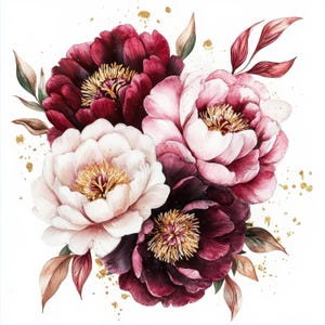 12 Maroon Peonies Clipart Bundle, Maroon Peony Flowers, Watercolor ...