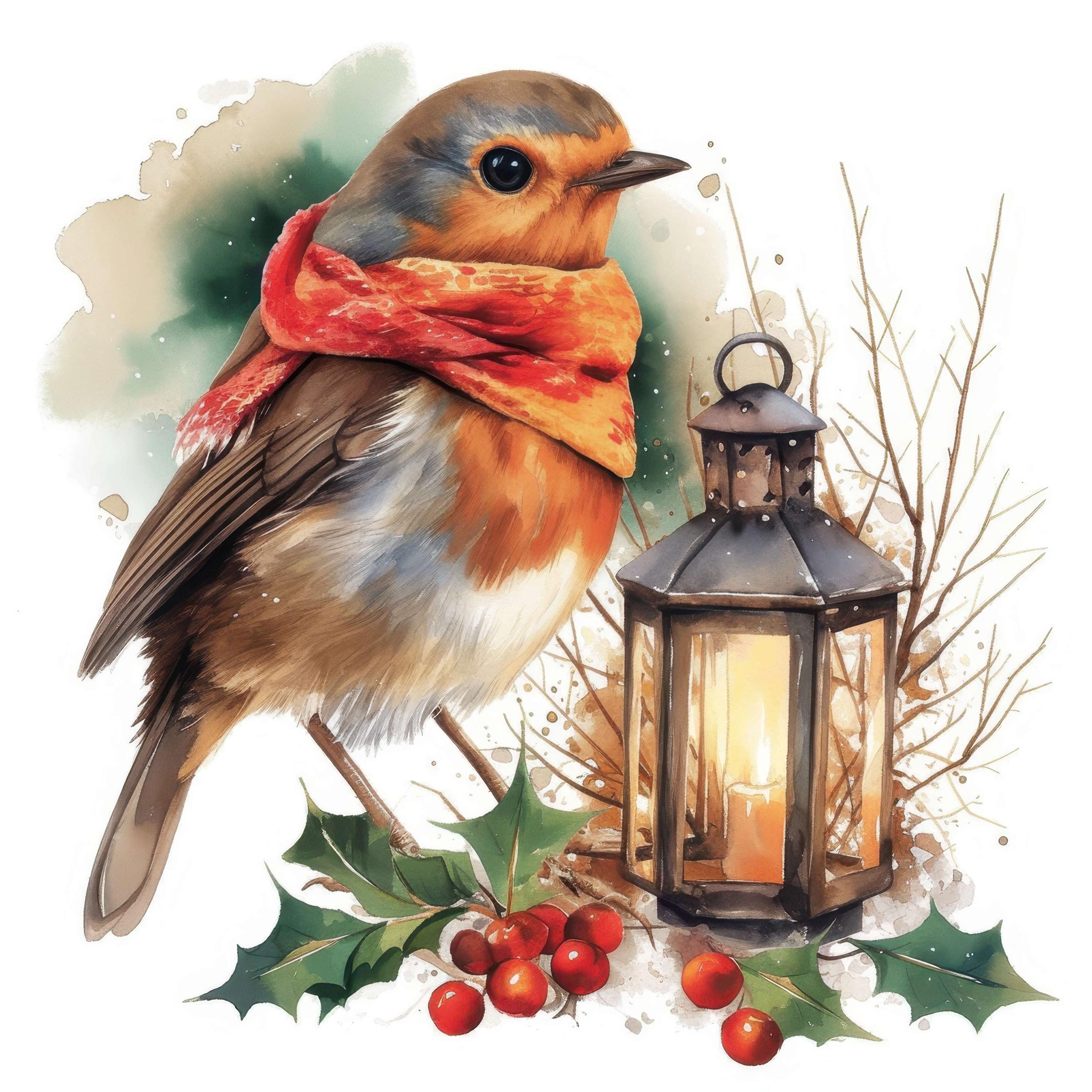 12 Festive Robin Bird Clipart Set, Christmas Illustrations, Printable ...
