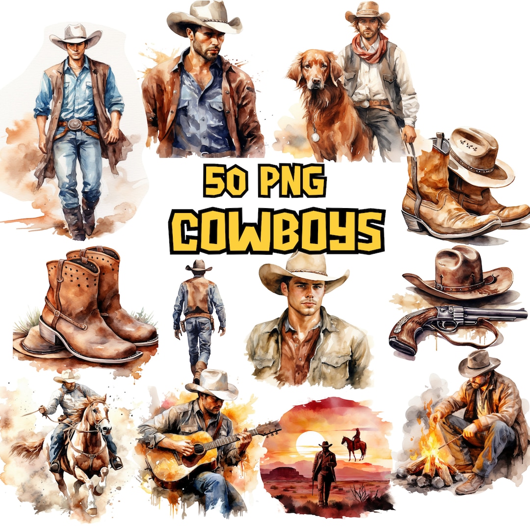 Watercolor Cowboys Clipart Bundle Western PNG Images , Wild West ...
