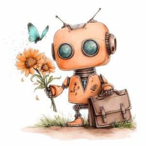 13 Cute Robots With Flowers Clipart Bundle, Printable Watercolor ...