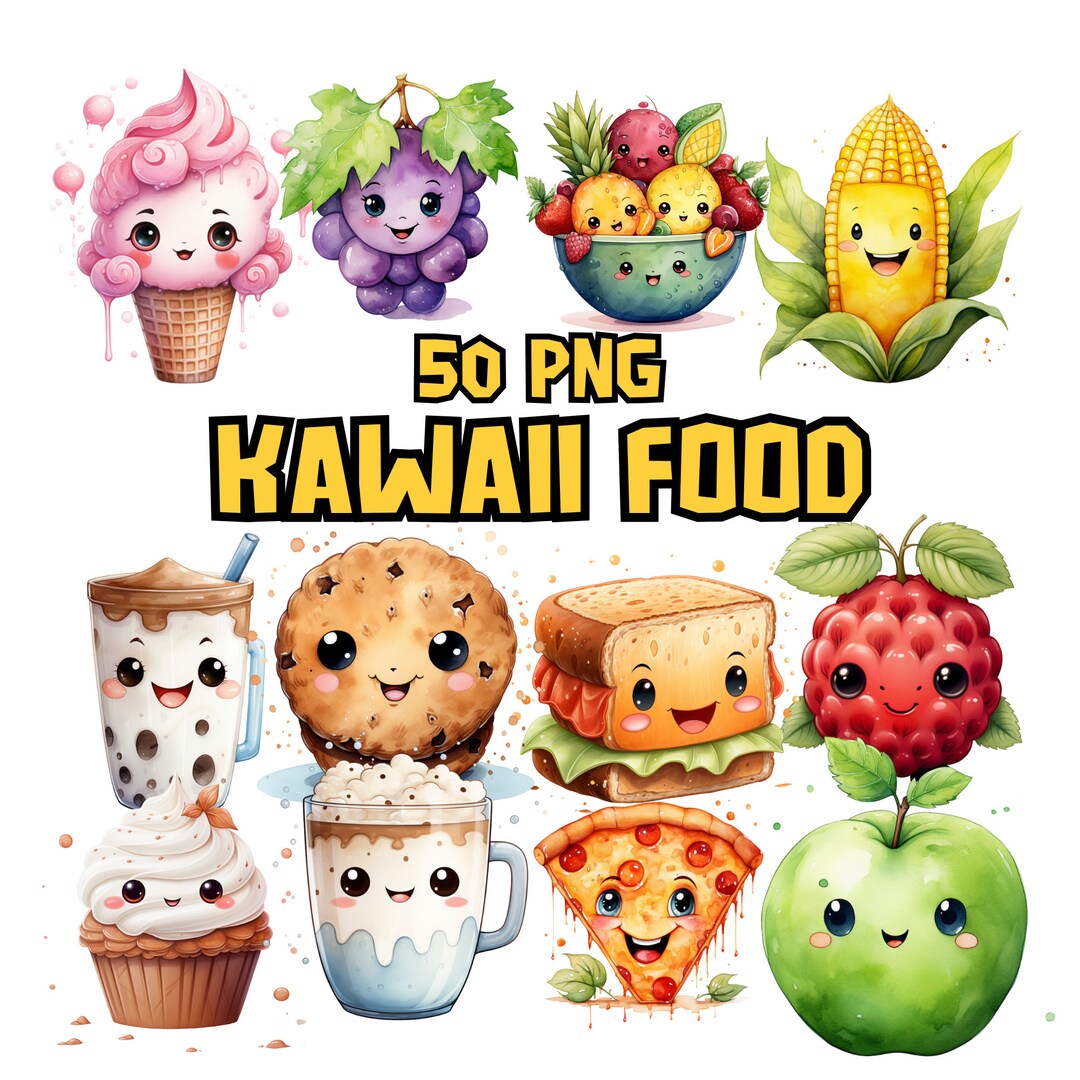 Watercolor Kawaii Food Clipart Milkshake, Apple, Pizza, Bread, Cupcake ...