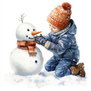 26 Watercolor Kid Making a Snowman Clipart Bundle, Snow Winter Clipart ...