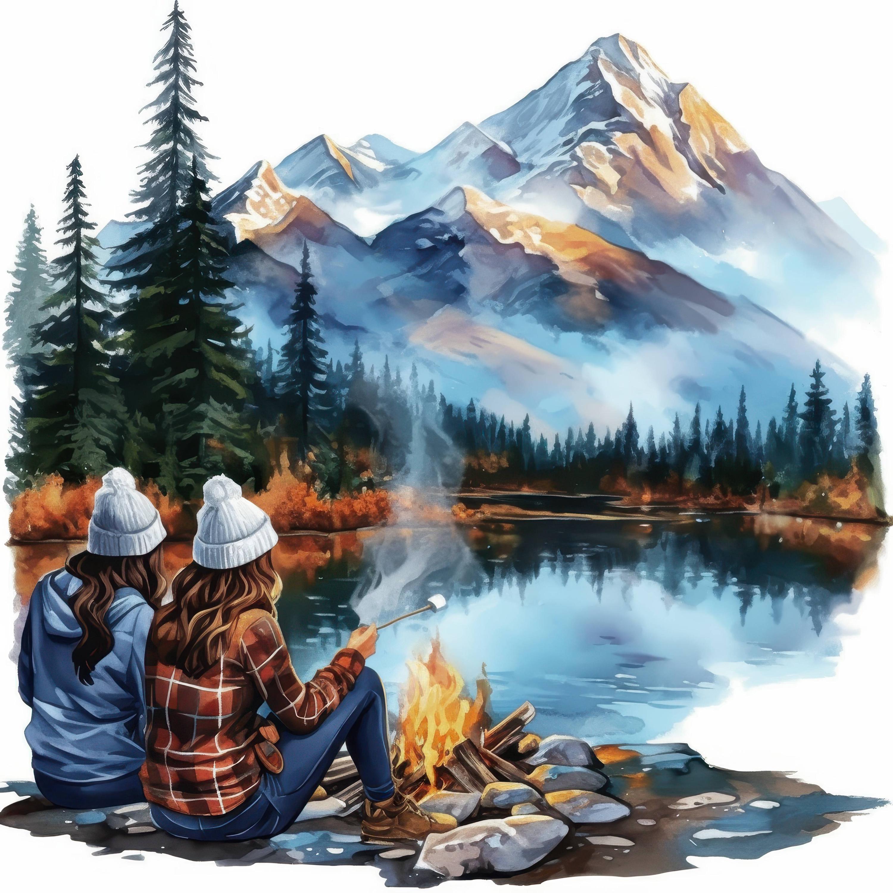 11 Mountain Campfire Couple Clipart Bundle, Camping Illustrations ...