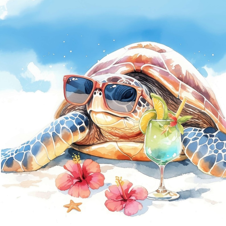 11 Turtle on Vacation Clipart, Beach Images, Printable Watercolor ...