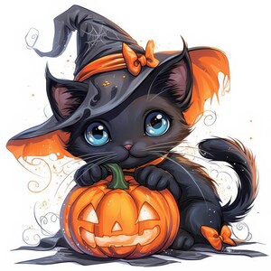 15 Cute Halloween Black Cats Printable Watercolor Clipart , Halloween ...