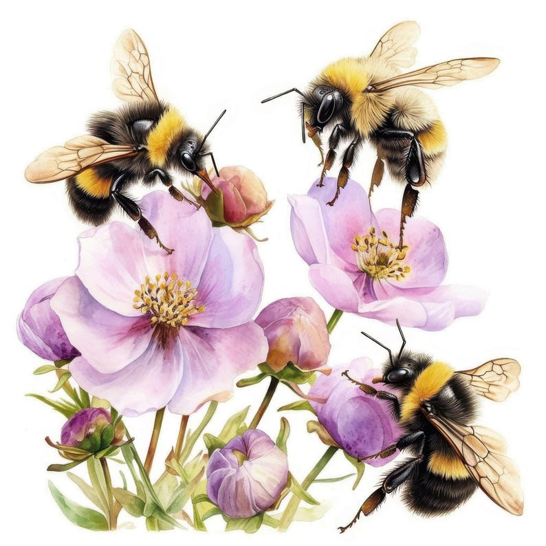 12 Bees in Flowers Clipart Set, Spring Bee Illustrations, Printable ...