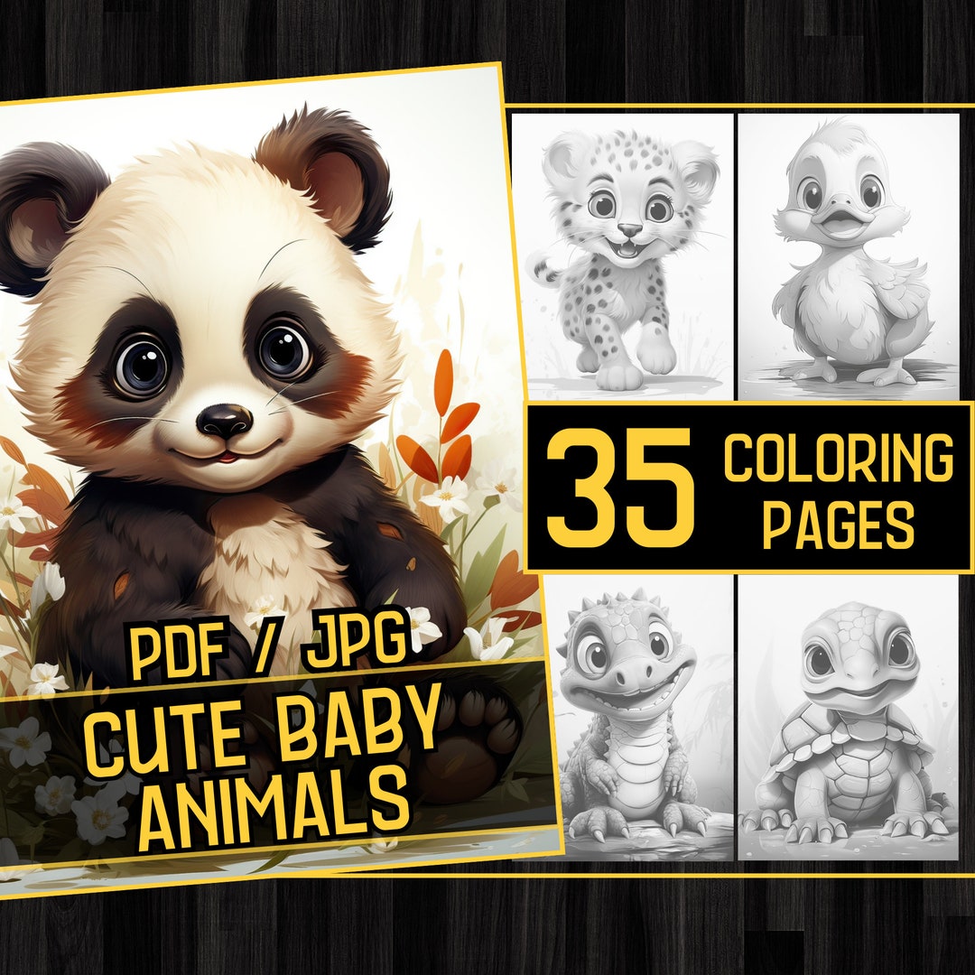 Cute Baby Animals 35 Coloring Page Book, Adults Kids Instant Download ...