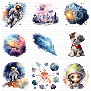 Watercolor Space Clipart | Planet, Spiral Galaxy, Moon, Observatory ...