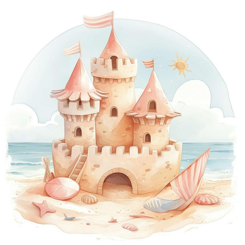 12 Beach Sandcastle Clipart, Cartoon Castle, Printable Watercolor ...