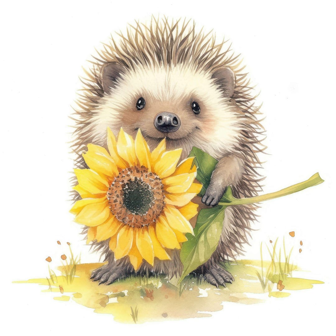 18 Hedgehog Sunflower Clipart Set, Printable Watercolor Spring Clipart ...