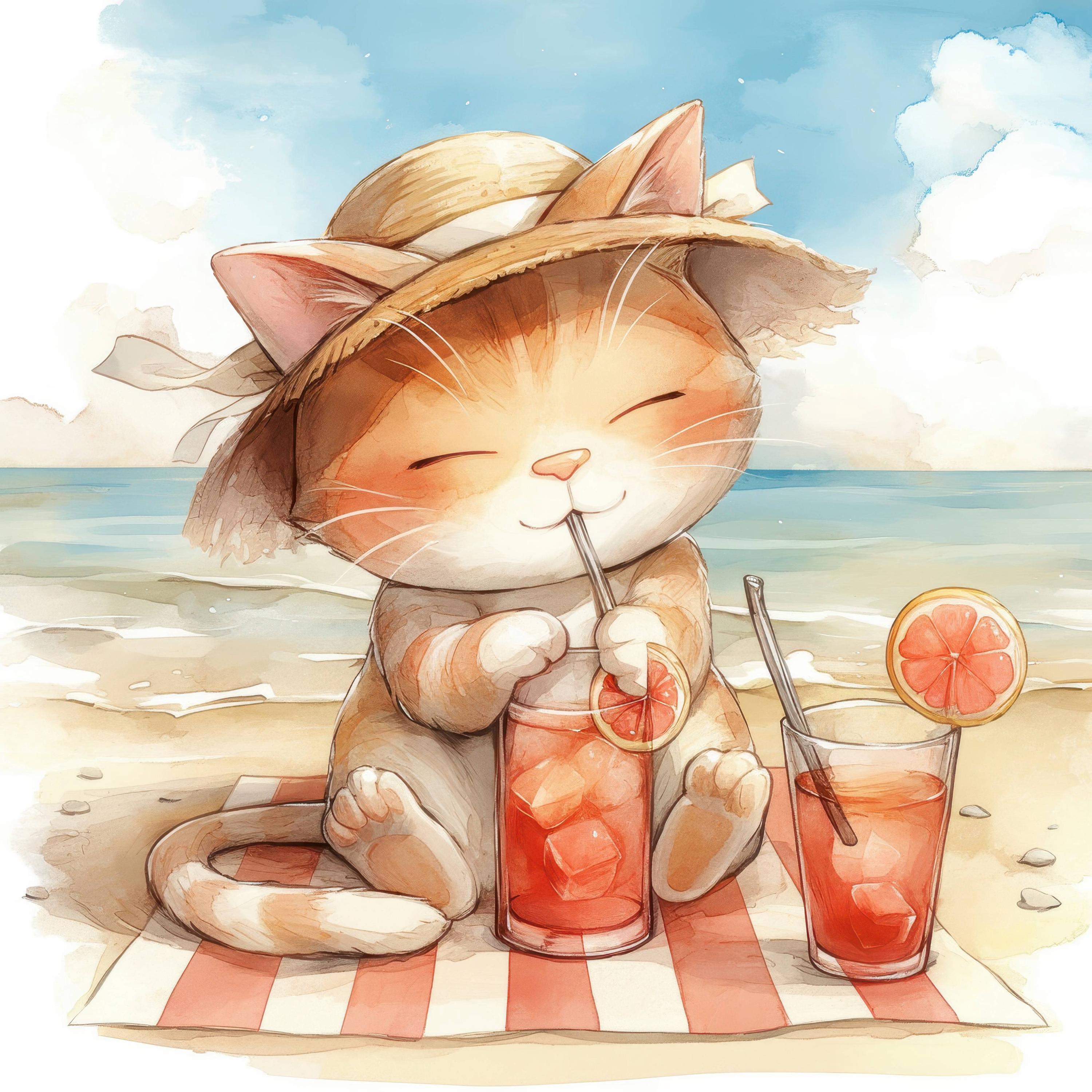 10 Kitten on Summer Vacation Clipart Bundle, Printable Watercolor ...