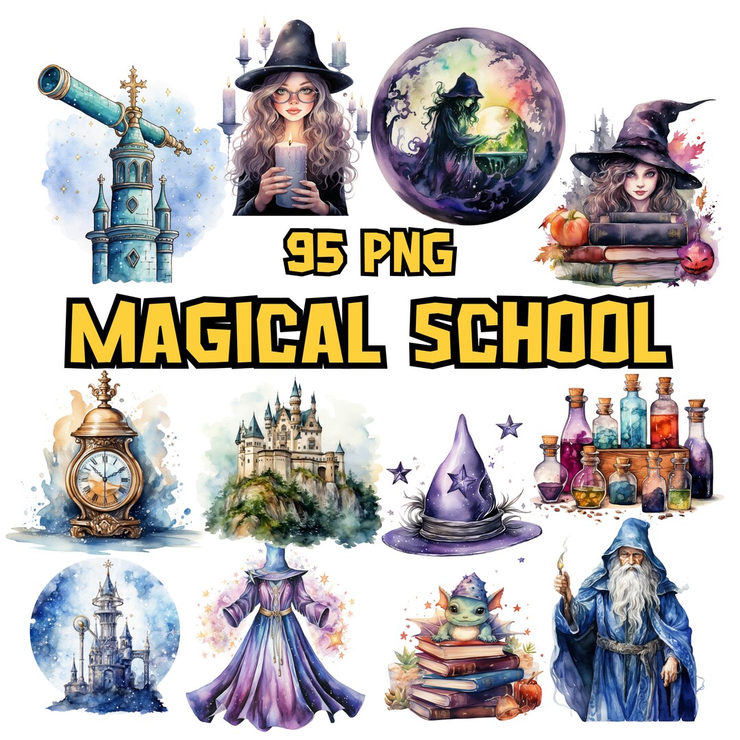 Watercolor Magic School Clipart Bundle, Magical Clip Art Set, Wizard ...