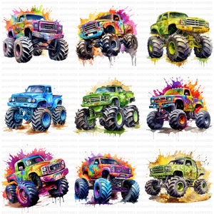 Watercolor Monster Trucks Clipart Bundle, Extreme Offroad Vehicle ...