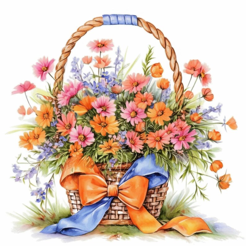 13 Spring Floral Basket Clipart Bundle, Wildflower Illustration ...