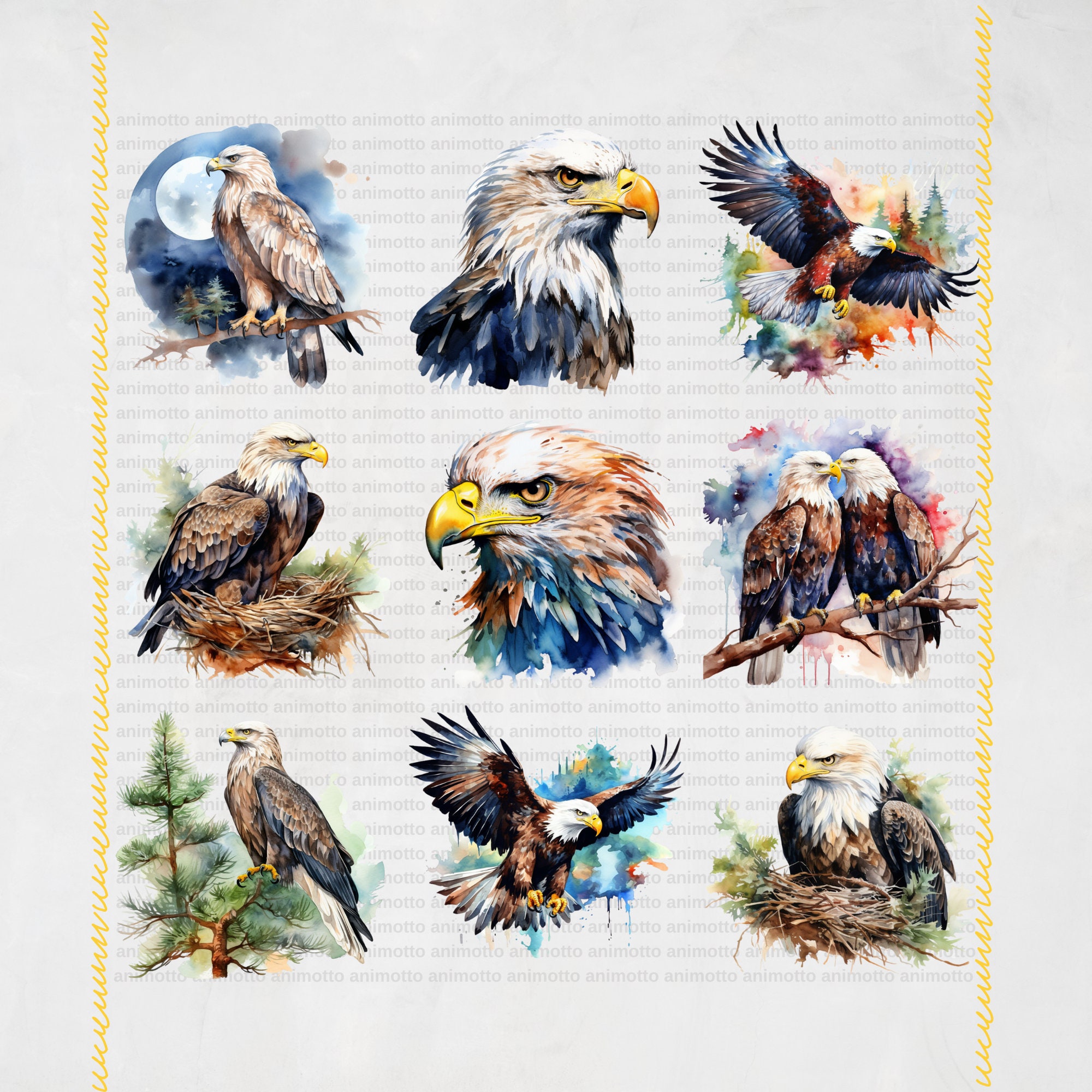 Watercolor Eagles Clipart Bundle,eagle PNG Clipart Set, Bald Eagle ...