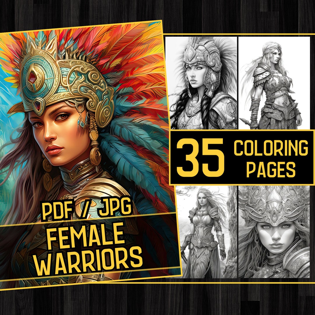 Female Warriors 35 Coloring Page Book, Adults Kids - Grayscale Coloring ...
