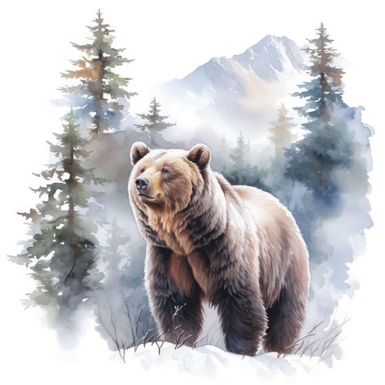 14 Winter Bear Clipart Bundle, Bear in Snow Illustrations, Printable ...