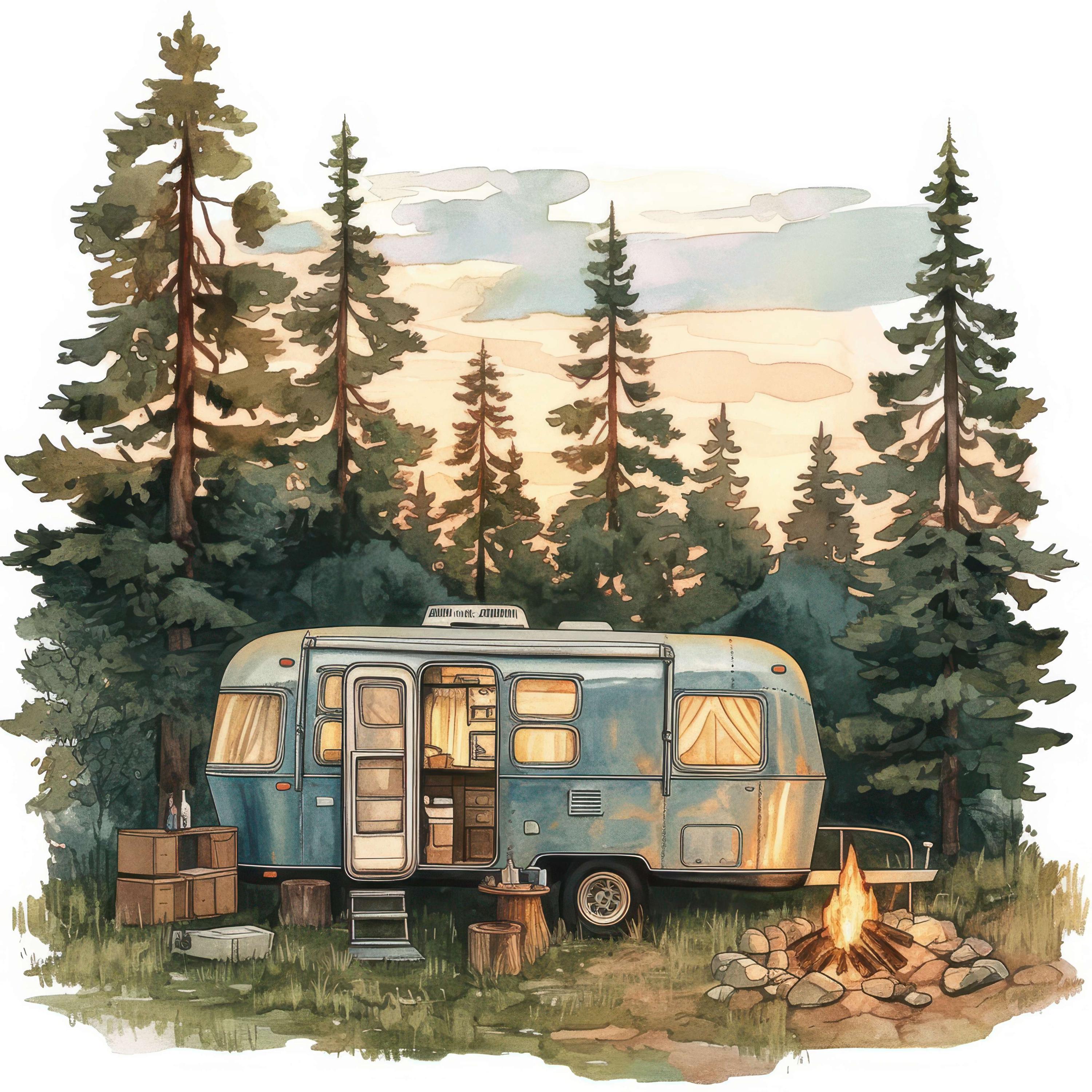14 Camping Van Clipart Set, Printable Watercolor Camping Clipart, High ...