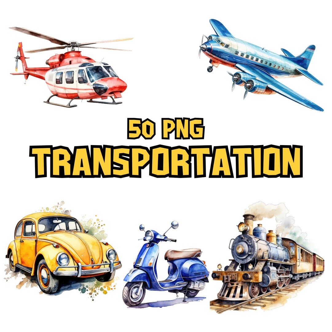 Watercolor Transportation Clipart Train, Truck, Bus, Motorcycle ...