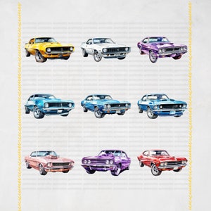 Watercolor Muscle Cars Clipart Bundle, Classic Car Clipart Set, Muscle ...