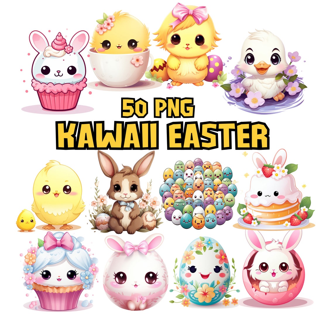 Watercolor Kawaii Easter Clipart Bundle, Cute Colorful Bunny Clipart ...