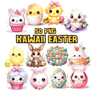 Watercolor Kawaii Easter Clipart Bundle, Cute Colorful Bunny Clipart ...