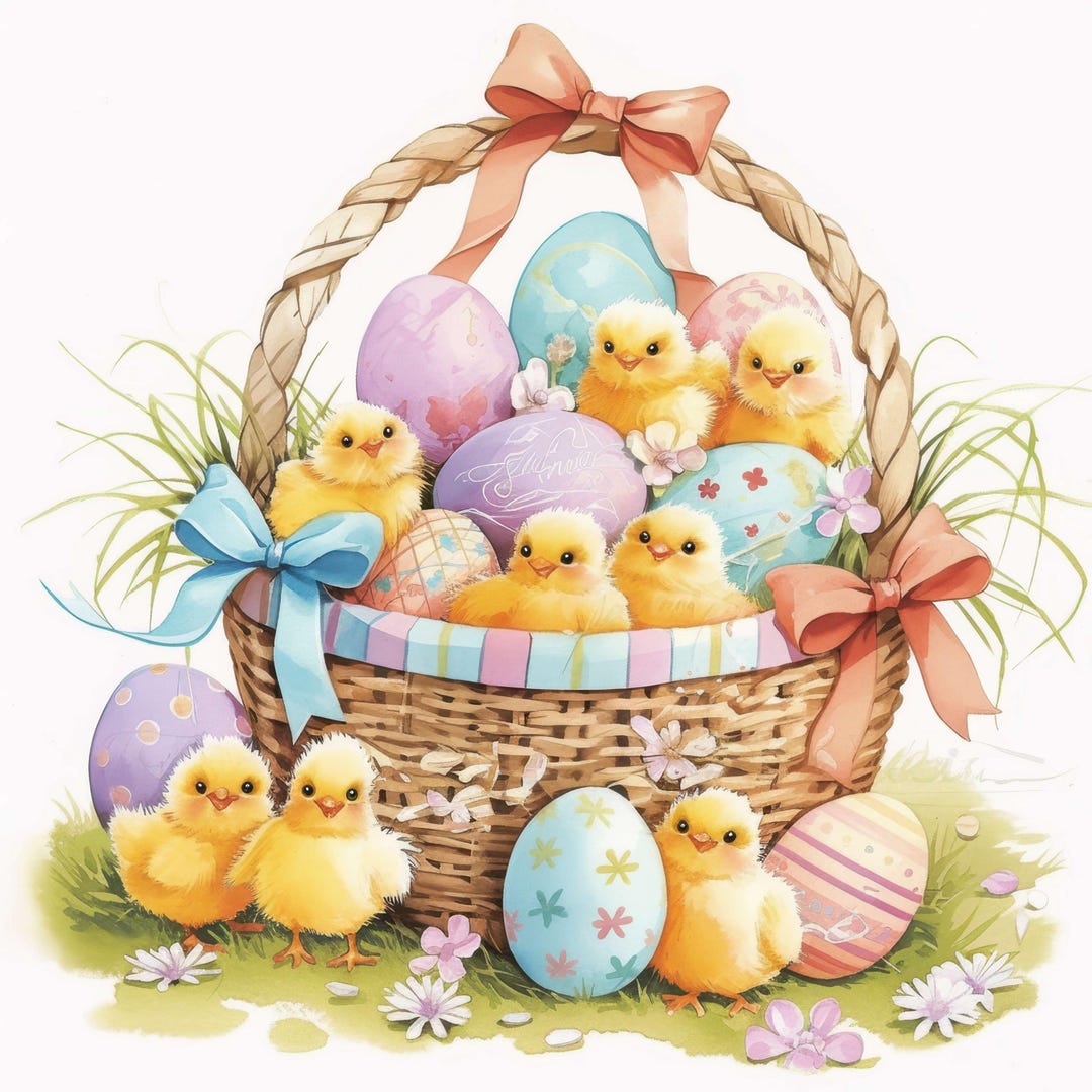 10 Easter Basket Clipart Set, Easter Chicks Illustrations, Printable ...