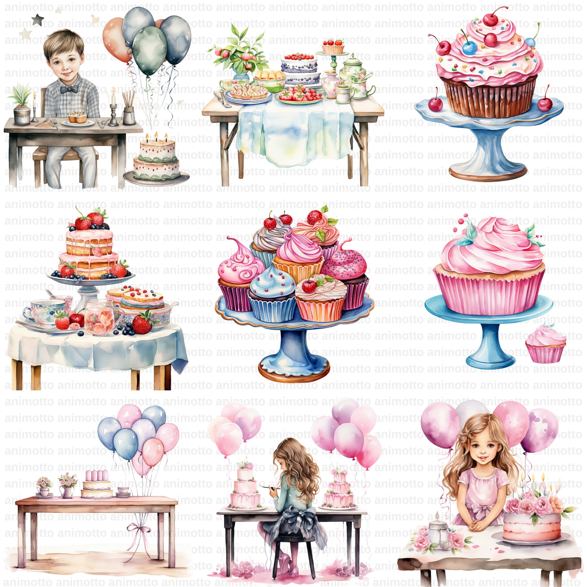 Watercolor Birthday Clipart Bundle, Birthday Cake Clipart Set, Colorful ...