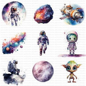 Watercolor Space Clipart | Planet, Spiral Galaxy, Moon, Observatory ...