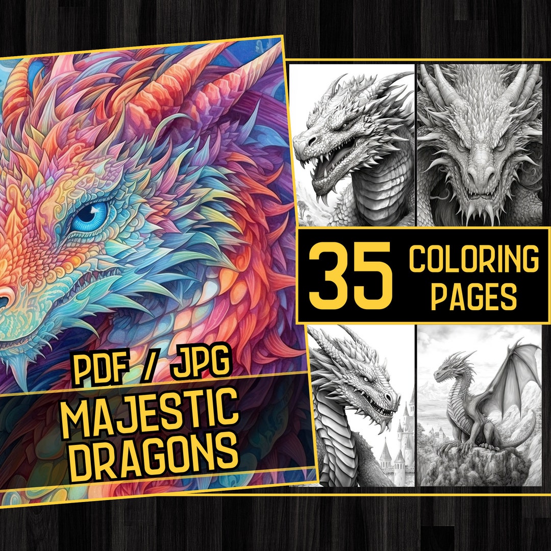 Majestic Glorious Dragons 35 Coloring Page Book, Adults Kids Instant ...